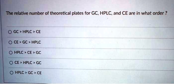 SOLVED: The relative number of theoretical plates for GC, HPLC, and CE ...