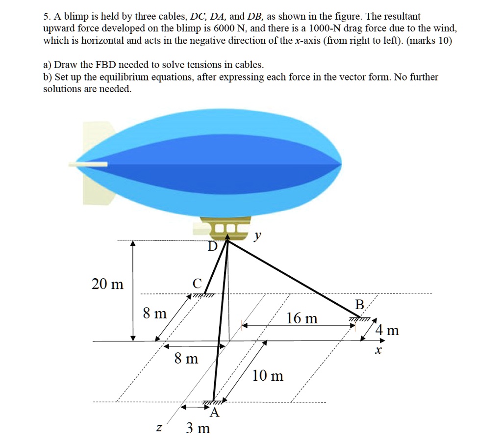 5. A blimp is held by three cables, DC, DA, and DB, as shown in the ...