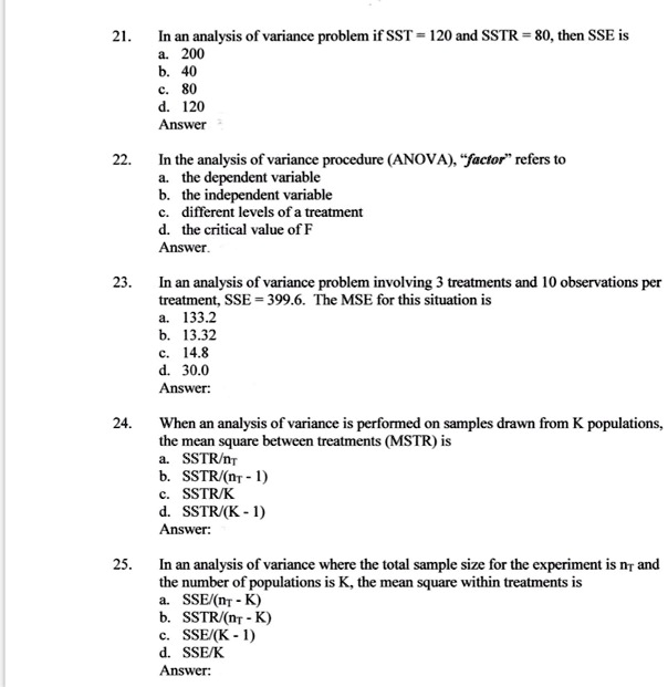 in an analysis of variance problem if sst 120 and sstr 80 then sse is 200 120 answer in the ...