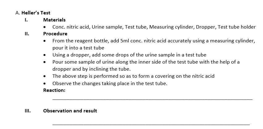 SOLVED:A. Heller' s Test Materials Conc nitric acid, Urine sample, Test ...