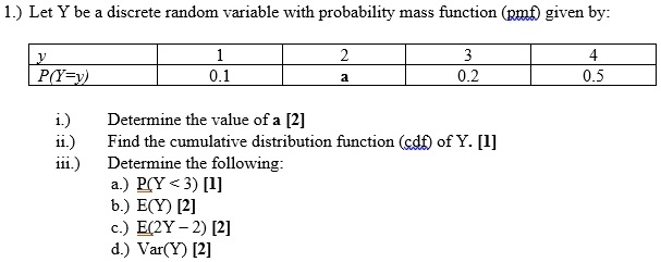 1 let y be discrete random variable with probability mass function pmf ...