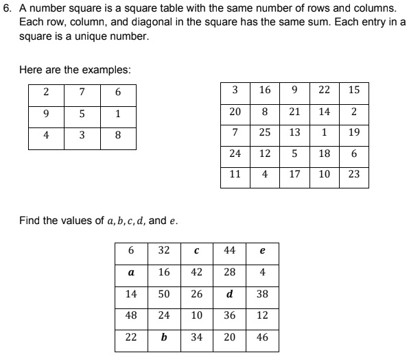 SOLVED: A number square is a square table with the same number of rows and columns. Each row ...