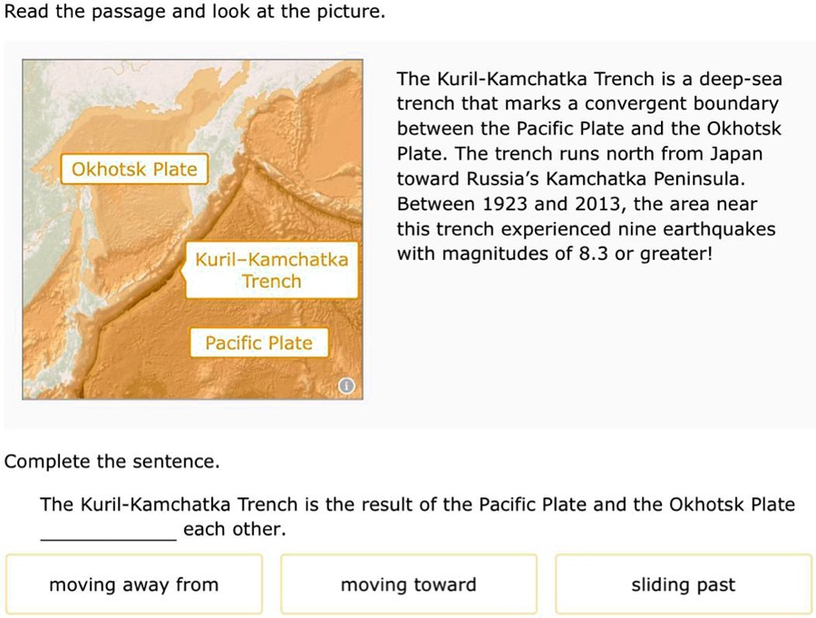 Read the passage and look at the picture. Okhotsk Plate Kuril-Kamchatka ...