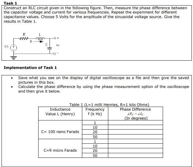 Task 1 Construct an RLC circuit given in the following figure. Then, measure the phase ...