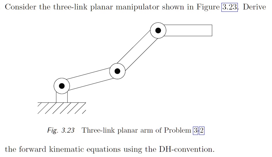 Consider the three-link planar manipulator shown in Figure 3.23. Derive ...