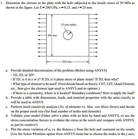 SOLVED: Determine the stresses in the plate with the hole subjected to the tensile stress of 50 ...