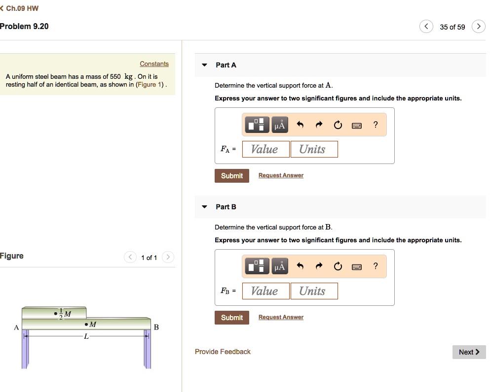 ch09 hw problem 920 35 of 59 constants a uniform steel beam has mass of 550 kg on it is resting ...