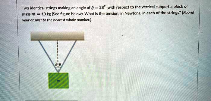 SOLVED: Two identical strings making an angle of 0 = 28" with respect ...