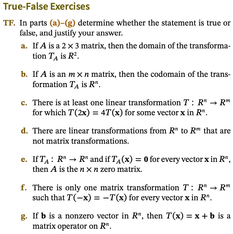 True-False Exercises TF. In parts (a)-(g) determine whether the ...