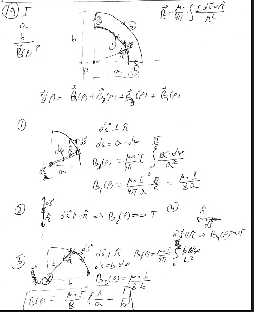 19 I a b B⃗(P)? B⃗ = (μ0)/(4π) ∫(I d⃗l⃗ ×r̂)/(r^2) B⃗(P) = B⃗1(P) + B⃗2 ...