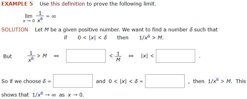 example 5 use this definition to prove the following limit lim x 0 x5 solution let m be a given ...