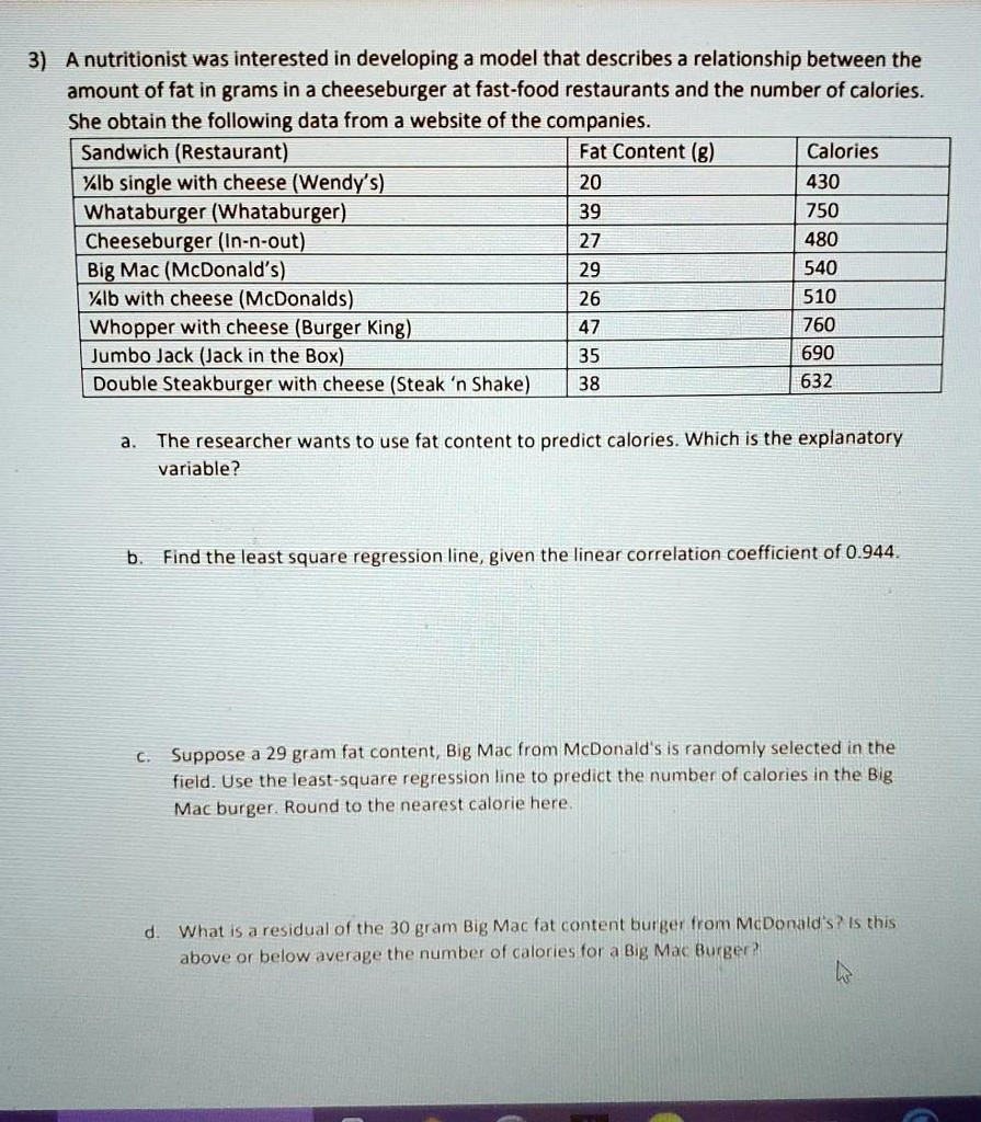 3 a nutritionist was interested in developing a model that describes a ...