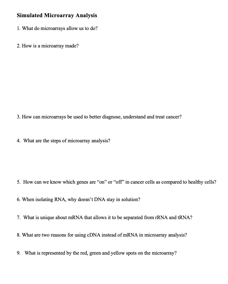 SOLVED: Simulated Microarray Analysis What do microarrays allow us to do? 2. How is a microarray ...
