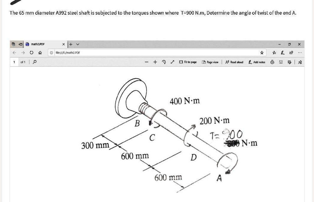 SOLVED: The 65 mm diameter A992 steel shaft is subjected to the torques ...