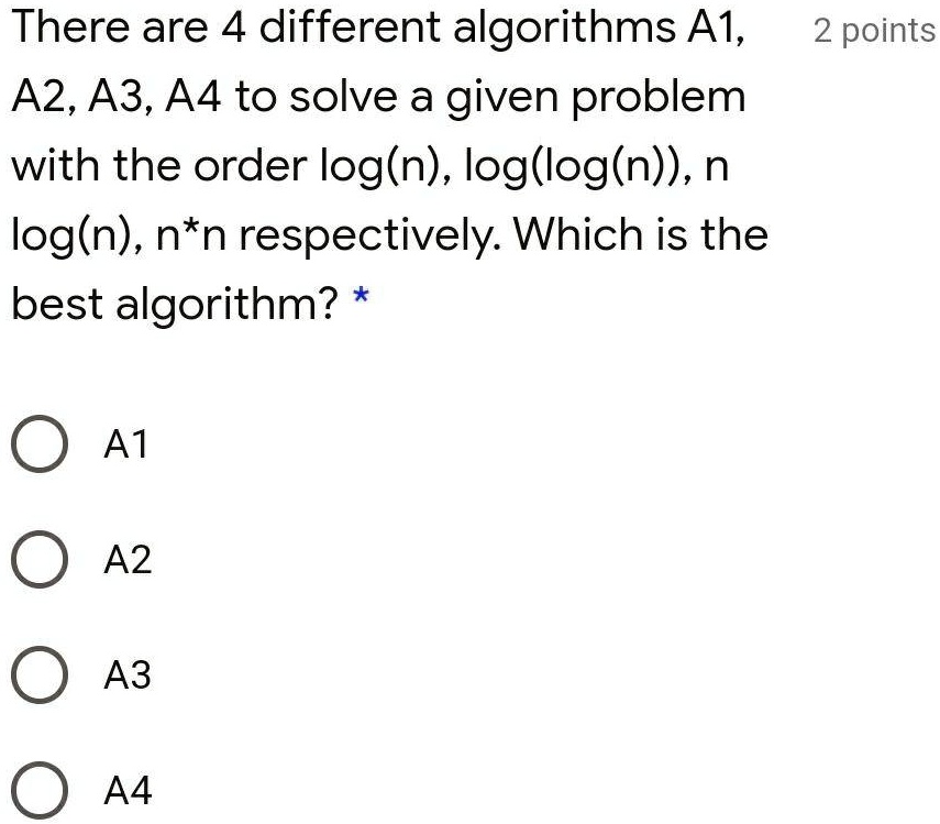 There Are 4 Different Algorithms A1 2 Points A2a3a4 To Solve A Given Problem With The Order Logn 