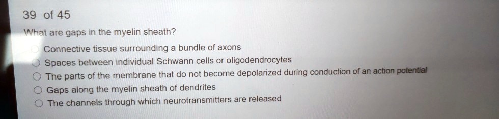 39 of 45 What are gaps in the myelin sheath? Connective tissue ...