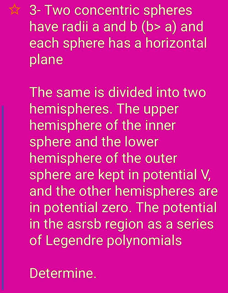 SOLVED: Two concentric spheres have radii a and b (b > a) and each sphere has a horizontal plane ...