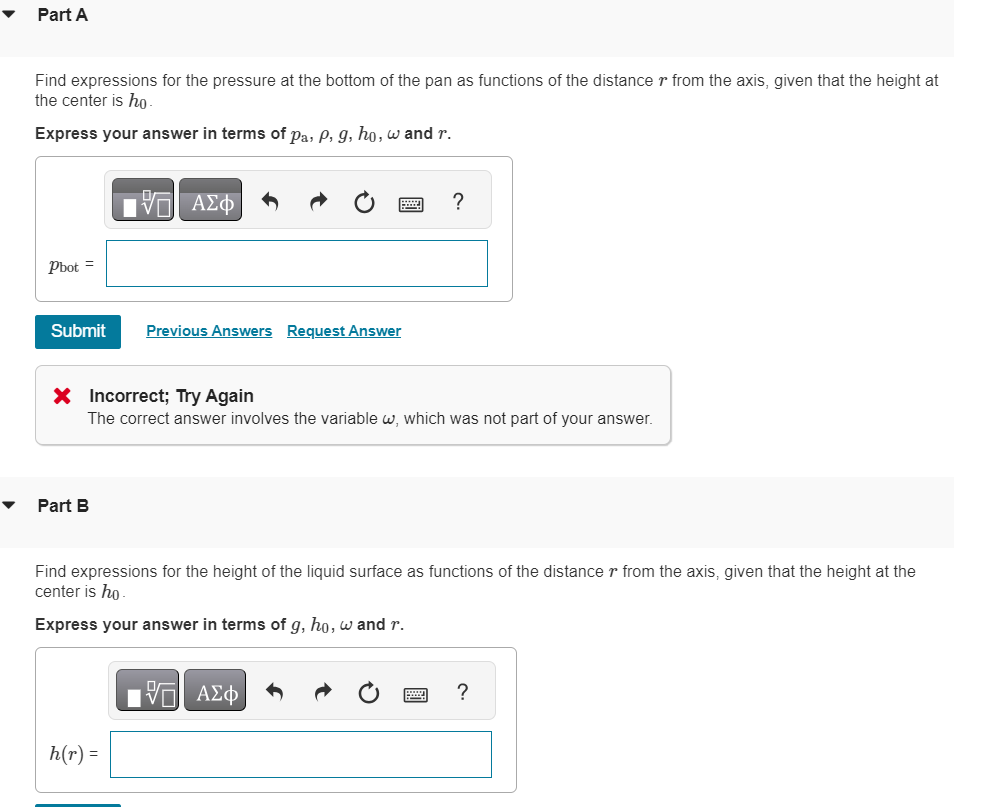 SOLVED: Part A Find expressions for the pressure at the bottom of the pan as functions of the ...