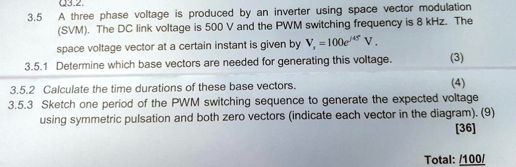 Q3.2. 3.5 A three phase voltage is produced by an inverter using space vector modulation (SVM ...