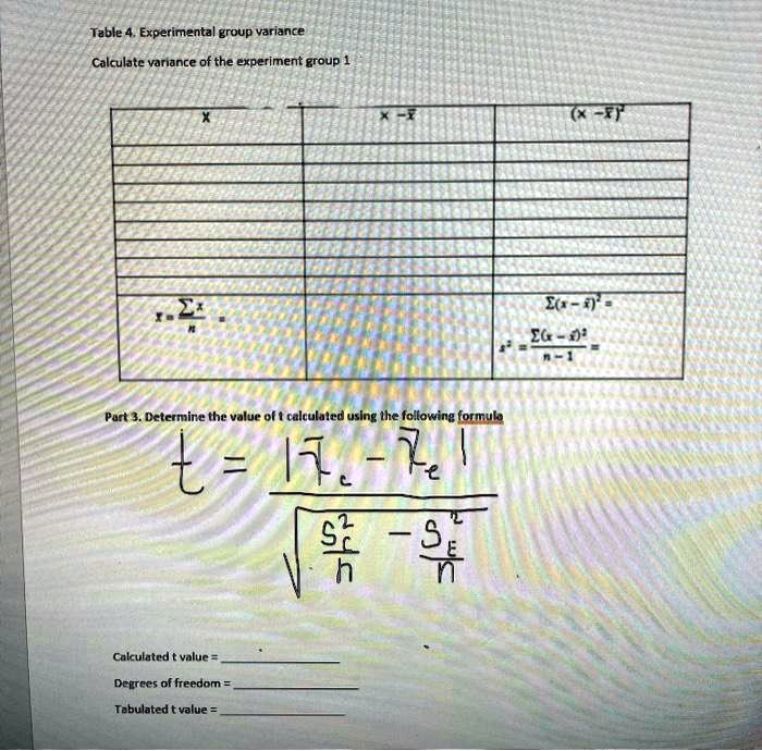SOLVED: Table: Experimental Group Variance Calculate variance of the ...