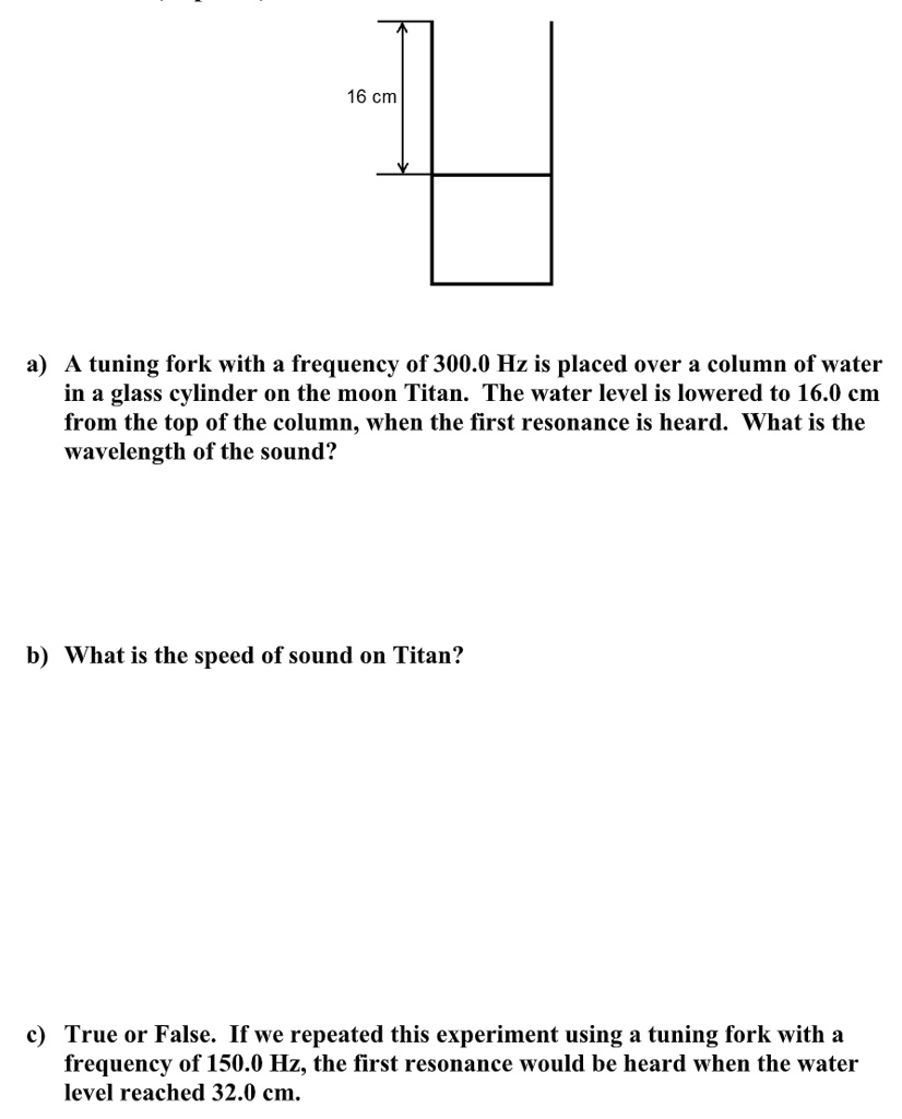 SOLVED: 16 cm 4) tuning fork with a frequency of 300.0 Hz is placed over a column of water in a ...