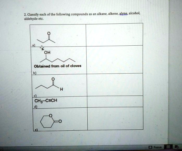 SOLVED: 2 Classify each of the following compounds as an alkane, alkene; alyne alcohol, aldehrde ...