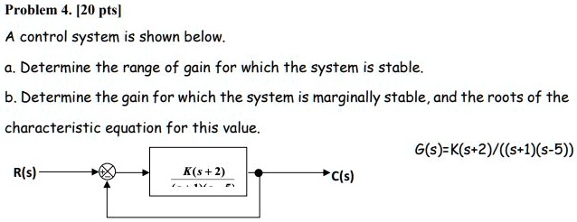 SOLVED: Problem 4. [20 pts] A control system is shown below: a. Determine the range of gain for ...