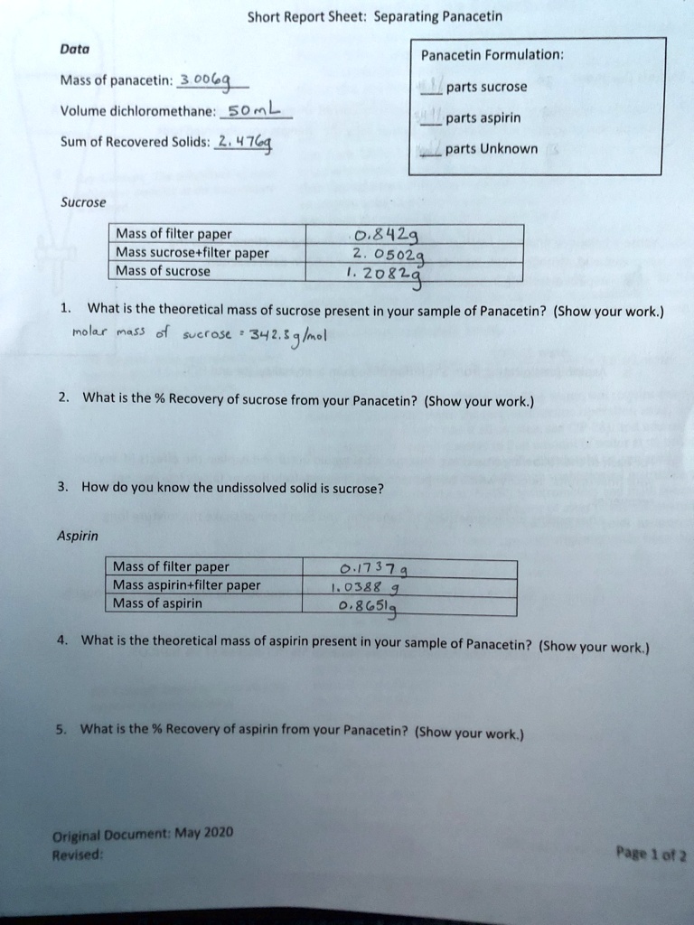 texts short report sheet separating panacetin data mass of panacetin ...