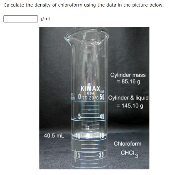Calculate the density of chloroform using the data in the picture below ...