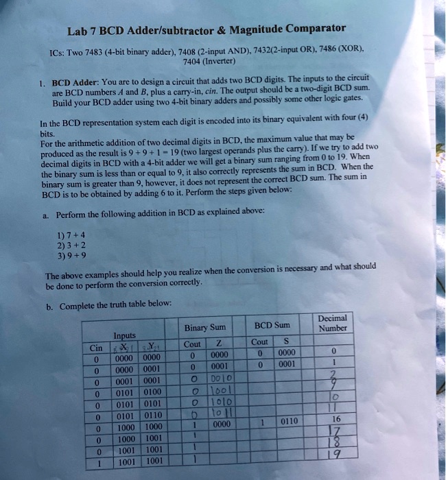 SOLVED: Lab 7 BCD Adder/Subtractor Magnitude Comparator ICs: Two 7483 4-bit binary adders, 7408 ...