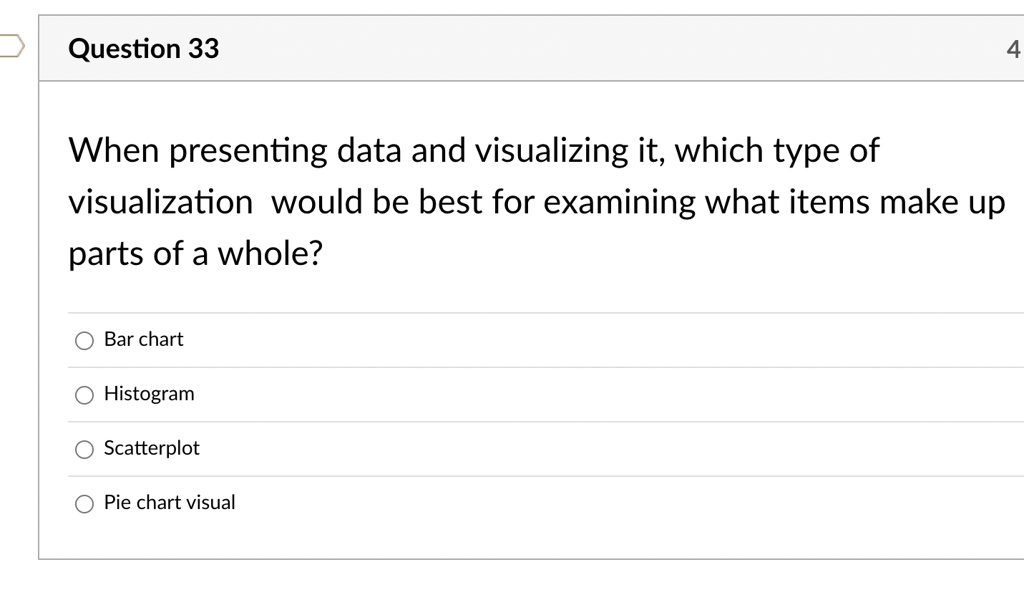SOLVED: Question 33 When presenting data and visualizing it, which type ...