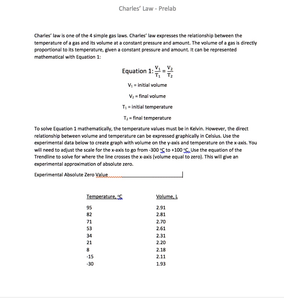 SOLVED:Charles' Law Prelab Charles' law is one of the 4 simple gas laws ...