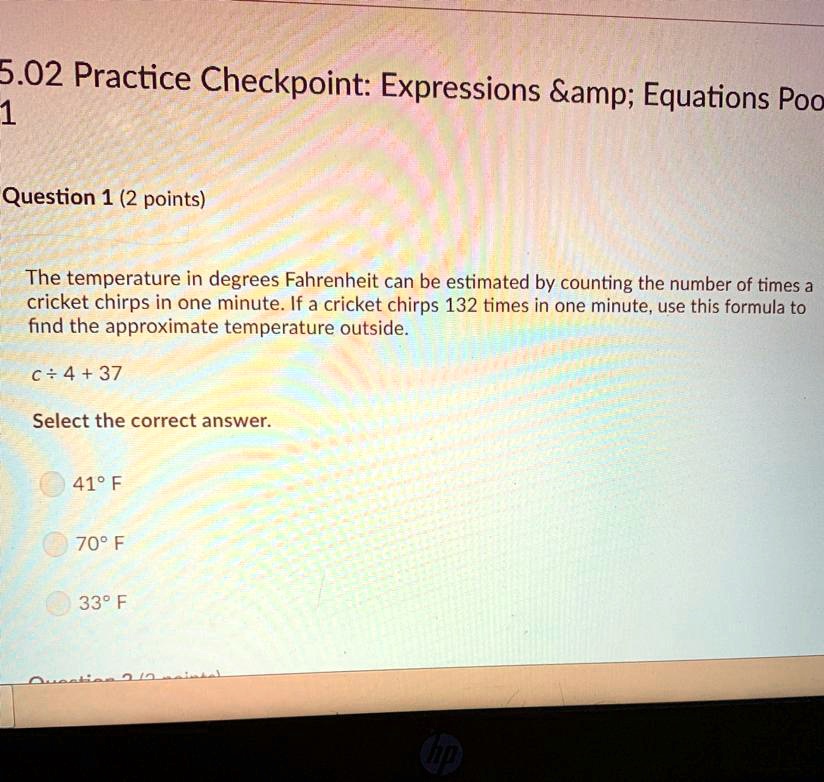 SOLVED: I need help please !!!!!! 5.02 Practice Checkpoint: Expressions Equations Part 1 ...