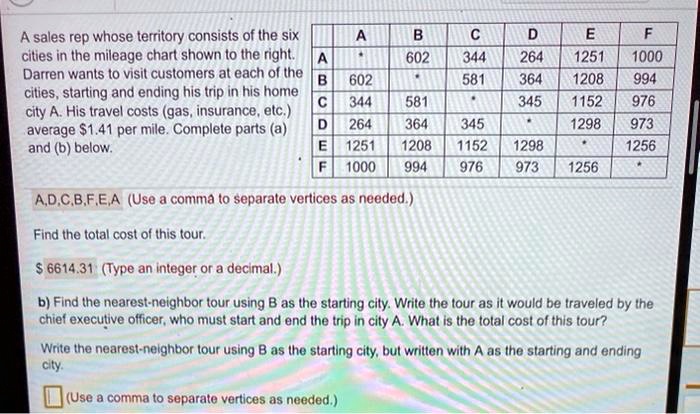 a sales rep whose territory consists of ihe six cities in he mileage ...