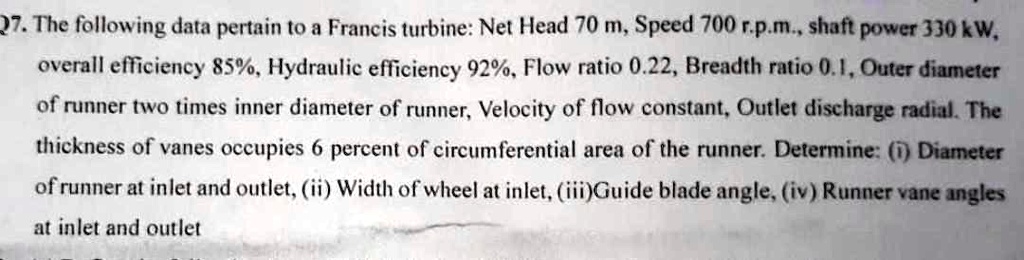 SOLVED: 7. The following data pertain to a Francis turbine: Net Head: 70 m Speed: 700 r.p.m ...