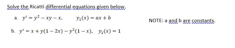 SOLVED:Solve.the Ricatti differential equations given below; J=y _ xy ...