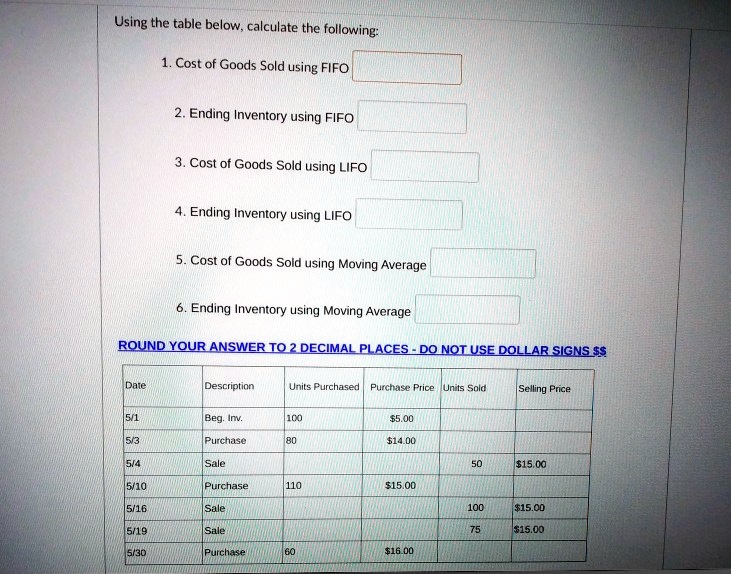 SOLVED: Using the table below, calculate the following: 1. Cost of Goods Sold using FIFO 2 ...