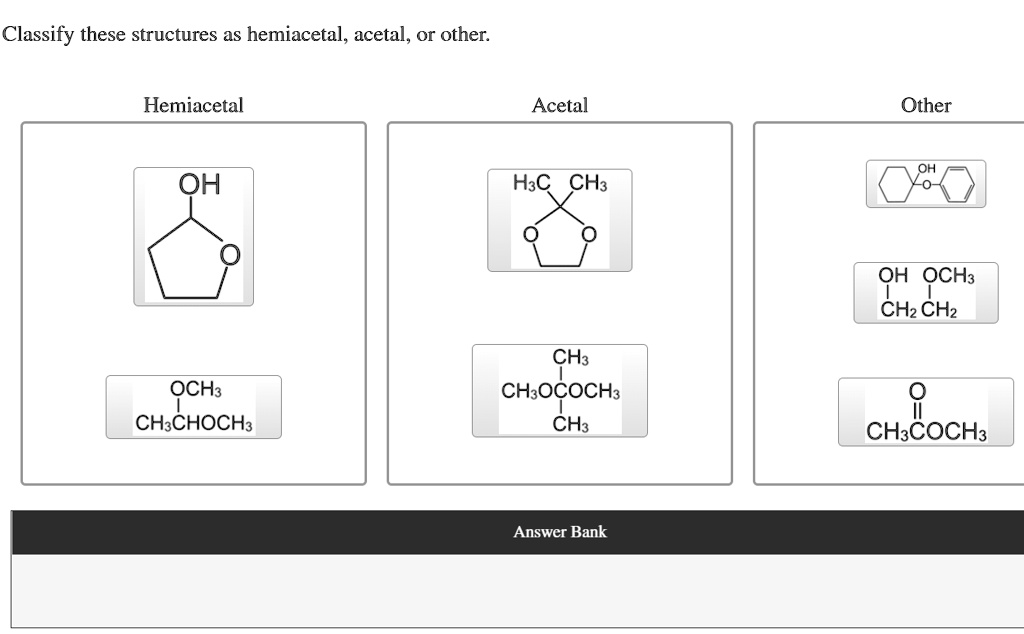 SOLVED: Classify these structures as hemiacetal, acetal, Or other ...