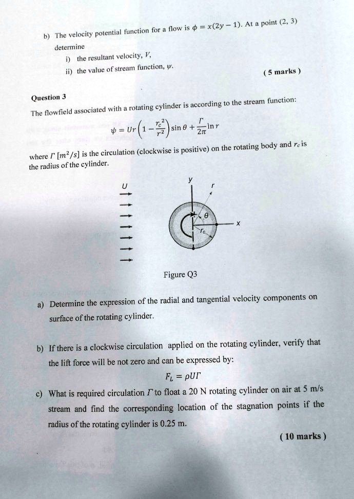 b) The velocity potential function for a flow is ϕ = x(2y - 1). At a ...