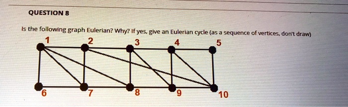 SOLVED: QUESTION 8 Is the following graph Eulerian? Why? Ifyes, give an ... SOLVED: QUESTION 8 Is the following graph Eulerian? Why? Ifyes, give an ...