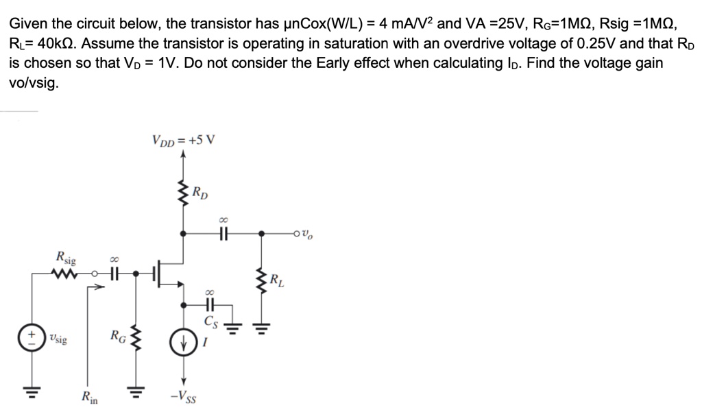 SOLVED: Given the circuit below, the transistor has nCox(W/L) = 4 mA/V^2 and VA = 25V, Re = 1MÎ ...