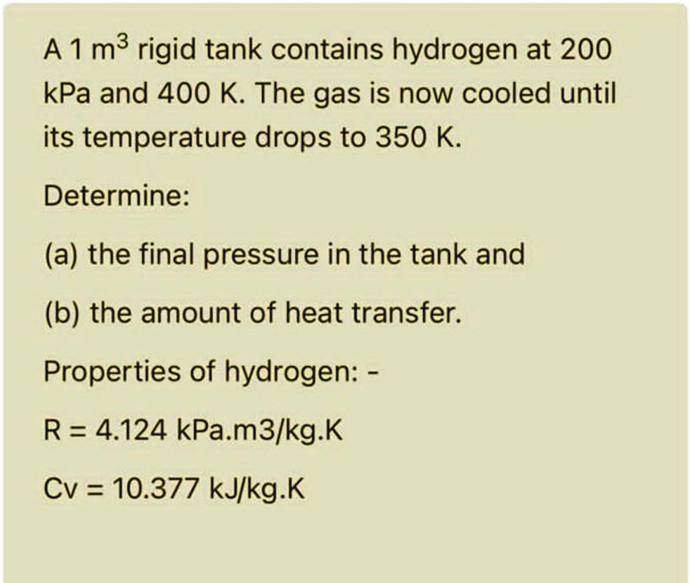 A 1 m³ rigid tank contains hydrogen at 200 kPa and 400 K. The gas is now cooled until its ...
