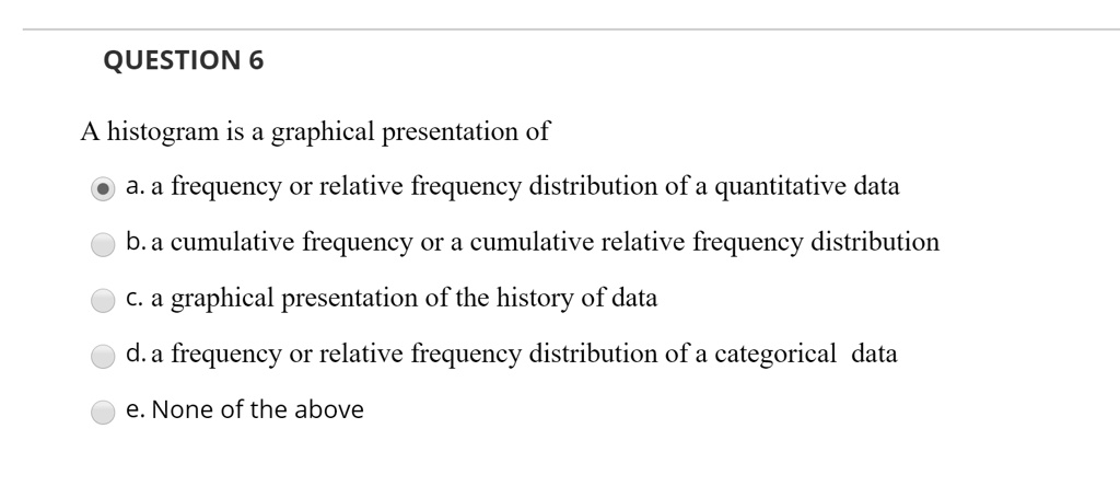 SOLVED QUESTION 6 N histogram Is A Graphical Presentation Of A a Frequency O Relative Frequency solved-question-6-n-histogram-is-a-graphical-presentation-of-a-a-frequency-o-relative-frequency