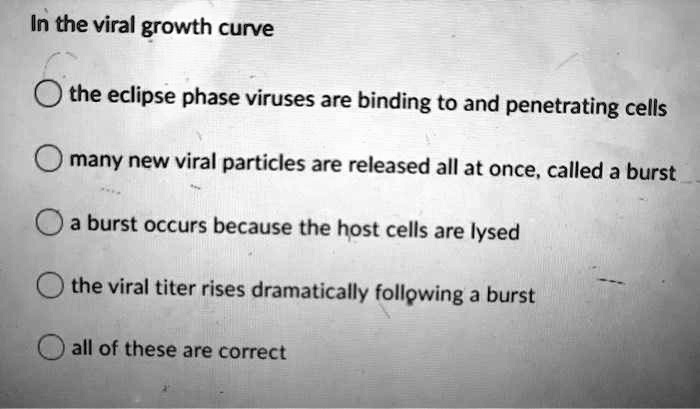 SOLVED: In the viral growth curve the eclipse phase viruses are binding ...
