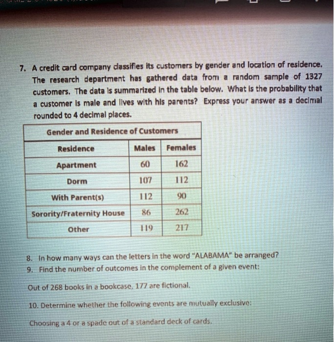 SOLVED: A credit Zard company dussifies its customers by gender and location of residence The ...