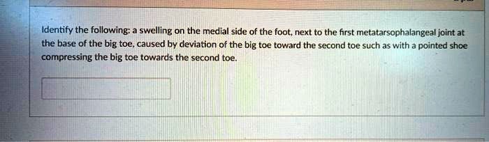 Identify the following: a swelling on the medial side of the foot, next ...