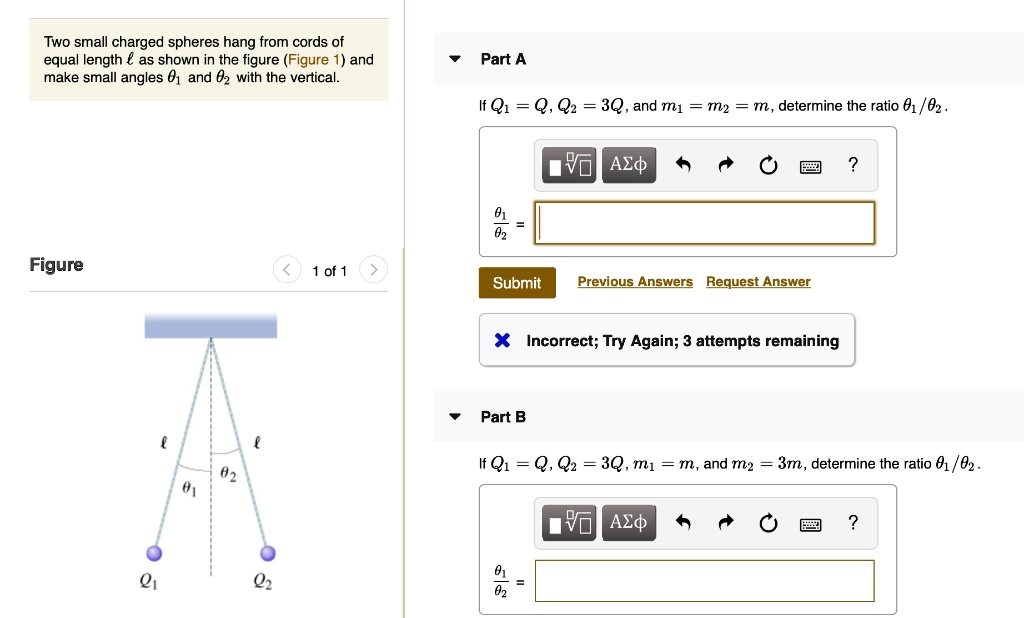 Two small charged spheres hang from cords of equal length l as shown in ...