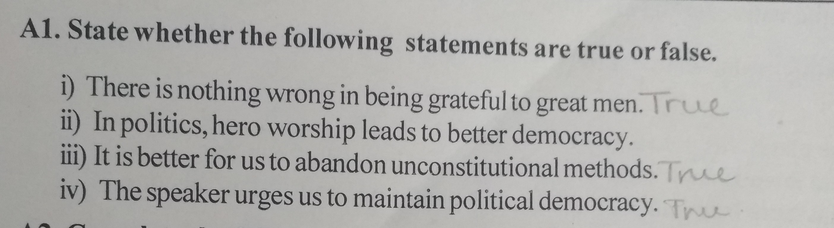 A1. State whether the following statements are true or false. i) There ...