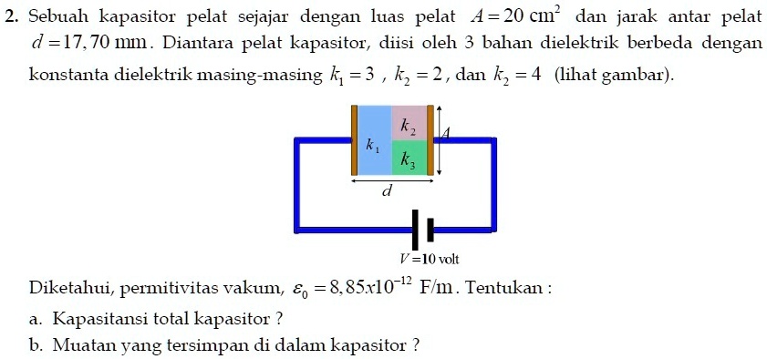 SOLVED: tolong dibantu yah kawan :) Sebuah kapasitor pelat sejajar ... SOLVED: tolong dibantu yah kawan :) Sebuah kapasitor pelat sejajar ...