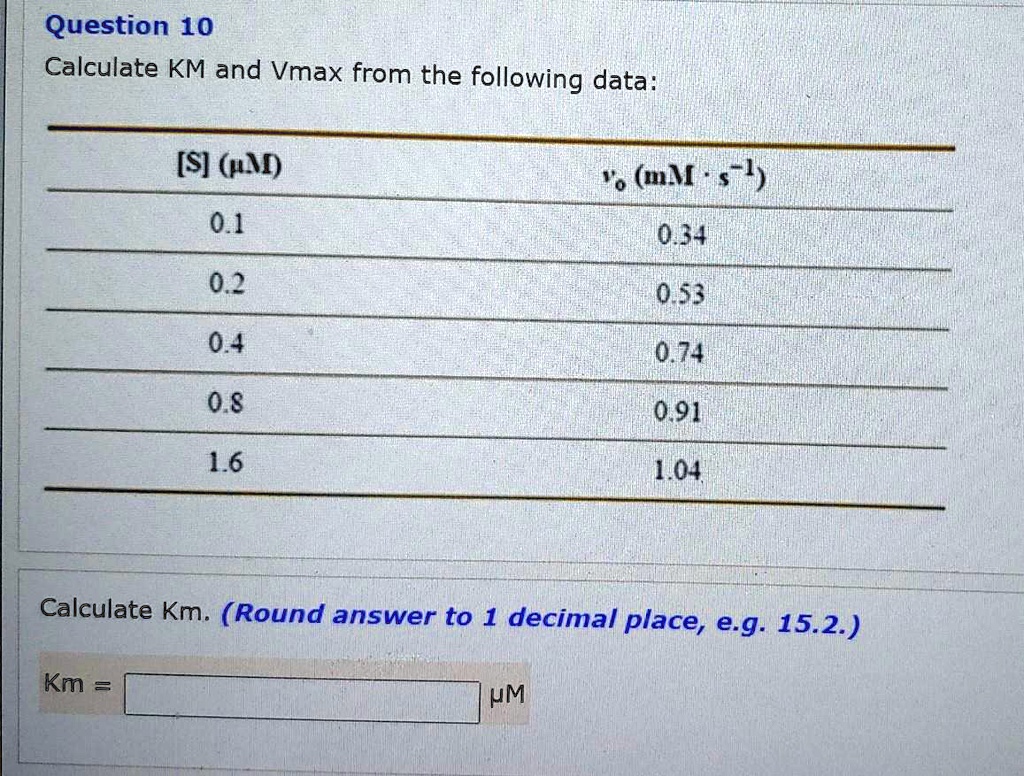 SOLVED: Question 10 Calculate KM and Vmax from the following data: [S] (W) "a (m 0.1 034 02 053 ...